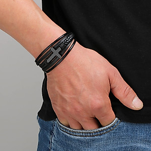 Bracelet for Husband Multi-layer Braided Leather Cuff Bangle Bracelet Wristband Gifts from Wife Handmade Cross Wrist Band Cuff Bangle Bracelet for Him Anniversary Birthday Christmas Gifts for Men 8.5 Inches