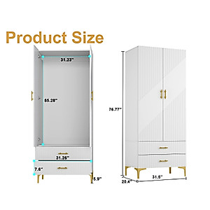 vinform Wardrobe Armoire with 2 Doors, 2 Drawers and Hanging Rods, Twill Wood Closet Storage with Metal Cabinet Legs, White 20.4" D x 31.5" W x 76.77" H (Left Modern)