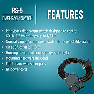 Little Giant RS-5 115-Volt Piggyback Diaphragm Pump-down Switch for Sump, Utility, Flood, Pond/Skimmer or Hydroponic Pumps, 18-Ft. Cord, Black, 599009