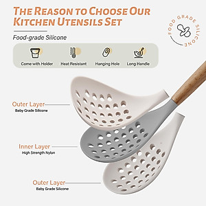 Hvygss 26Pcs Kitchen Utensils Set with Holder, Large Silicone Cooking Utensils Set for Nonstick Cookware Wooden Handle Spatulas Silicone Heat Resistant Kitchen Gadgets Utensil Sets (Khaki)