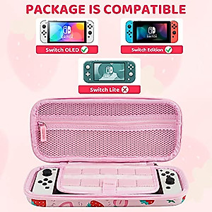 GLDRAM Pink Strawberry Carrying Case for Nintendo Switch & OLED Modle, Portable Switch Travel Protector with Cute Game Card Case, Shoulder Strap & 2 Thumb Caps, Switch Accessories Bundle for Girls