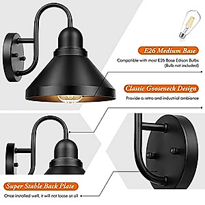 Brightever Gooseneck Outdoor Light Fixtures, 2-Pack Farmhouse Barn Lights for Porch, Industrial Black Exterior Wall Sconce for Garage, Patio, E26 Base Anti-Rust, Bulb not Included
