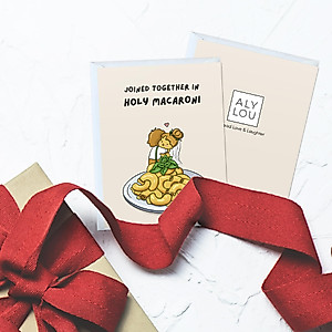 ALY LOU Funny Wedding Card, Engagement Bridesmaid Bachelorette Cards for Bride/Groom, Bridal Wedding Shower, For Him/Her, Couple, Congratulations Greeting Cards (Joined together in holy MACARONI)