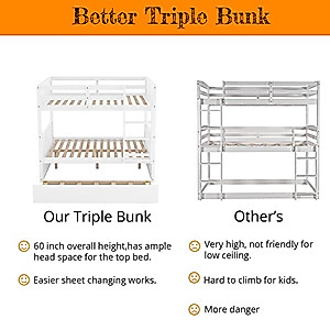 AOCOROE Full Over Full Bunk Beds with Trundle, 3 Beds Full Bunk Bed for Kids,Sturdy Wood Stackable Full Over Bunk Bed Frame for Kids Room,White
