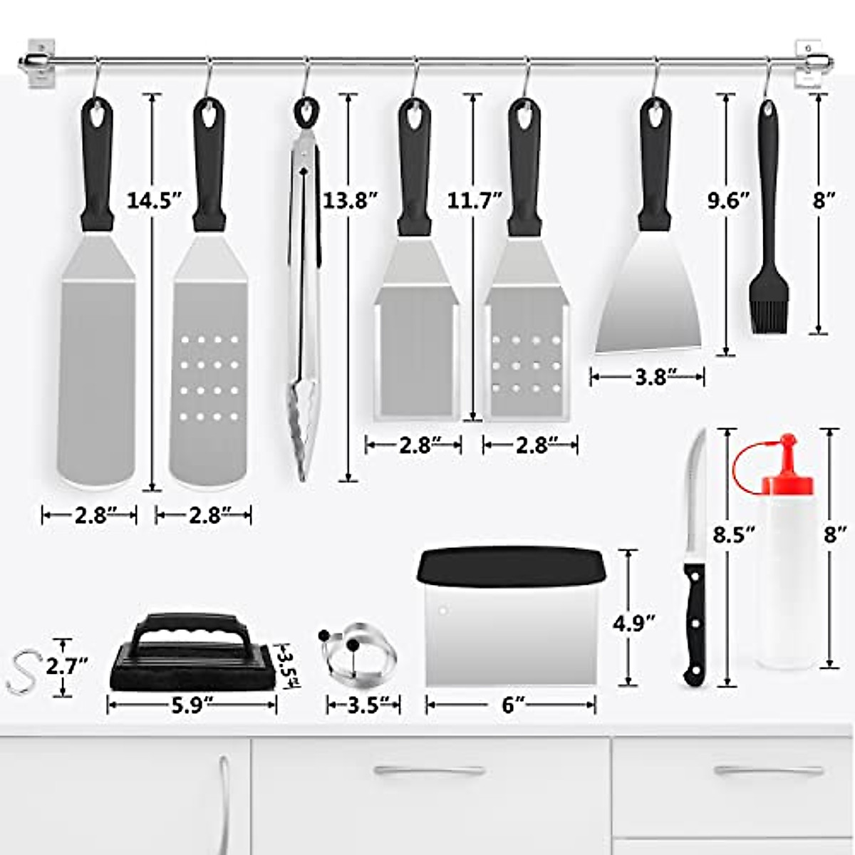 Griddle Accessories Kit of 16, HaSteeL Stainless Steel Teppanyaki Tools for Flat Top Grill Hibachi Camping BBQ, Heavy Duty Metal Spatulas, Chopper, Steak Knives, Bottles, Carrying Bag, Easy to Clean