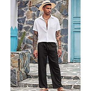 COOFANDY Men's Linen Casual Pants Summer Spring Beach Jog Elastic Waist Trousers A- Black