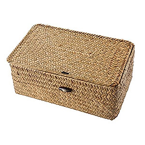 Vosarea Rattan Storage Basket Makeup Organizer Multipurpose Container with Lid 23x13x8cm(S)