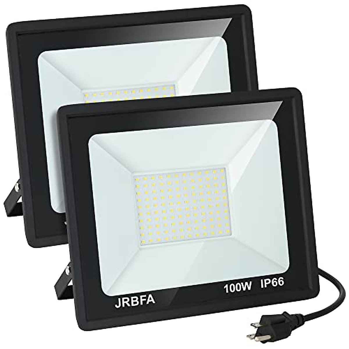 JRBFA 2 Pack 100W LED Flood Lights Outdoor, 10000lm LED Work Light with Plug, 6500K Daylight White, IP66 Waterproof Exterior Outside Floodlights for Backyard, Garage, Garden, Lawn