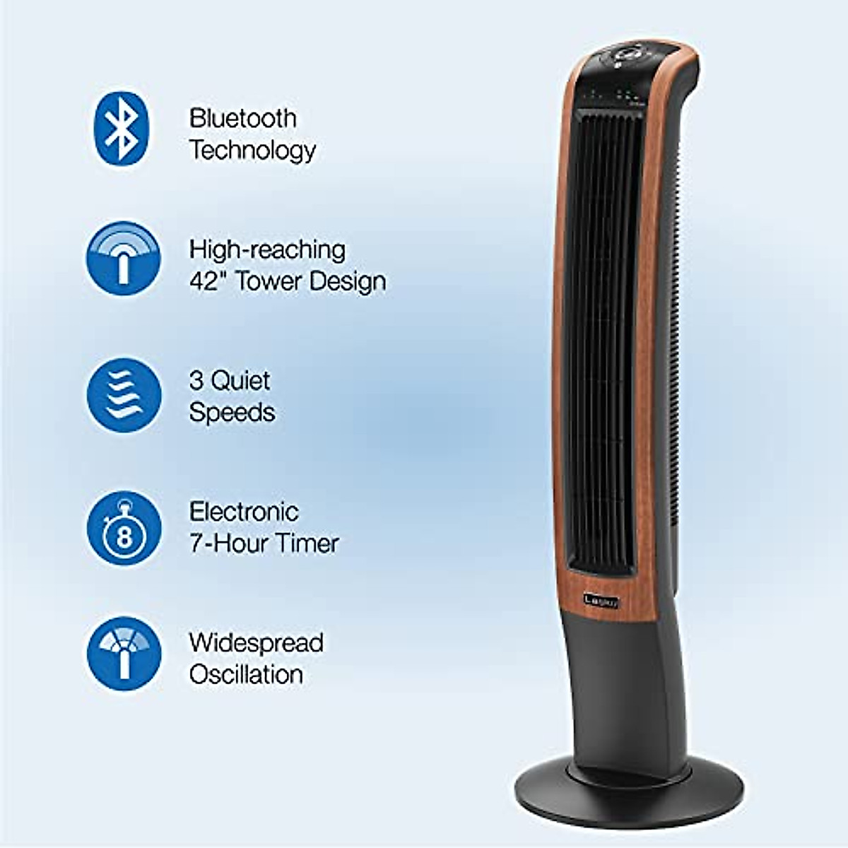 Lasko Wind Curve Electric Oscillating Tower Fan with Bluetooth Technology for Indoor, Bedroom and Home Office Use, 42", Woodgrain T42905