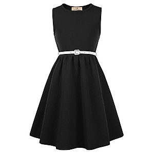 GRACE KARIN Girls Retro Floral Print Swing Dresses with Belt (12-13 Years, Black)