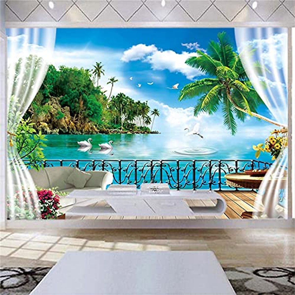 Window Landscape Wall Mural 3D Blue Sky Clouds Bird Peel and Stick Self-Adhesive Wallpaper Removable Sticker Home Decor Background Large Art Wall Painting 108"x 75"(W x H)