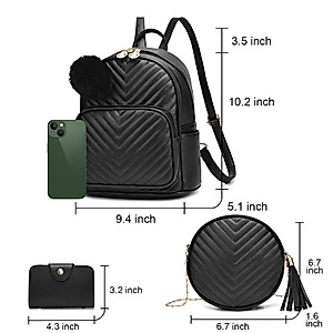 I IHAYNER Mini Backpack for Women 3-PCS Leather Backpack Purse Small Backpacks for Women Ladies Pompom Backpack Shoulder Bag Black