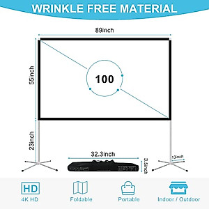 Projector Screen with Stand, 100 inch Projector Screen 16:9 Portable Outdoor Projection Screen 4K HD Movie Projection Screen with Carry Bag for Home Theater Indoor Party Camping