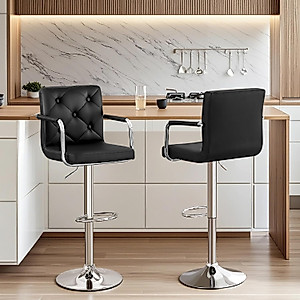 VECELO Bar Stools, Adjustable Bar Stools Set of 2, Counter Height Barstool with Back and Arms, Swivel PU Leather Bar Chairs for Kitchen/Island, Black