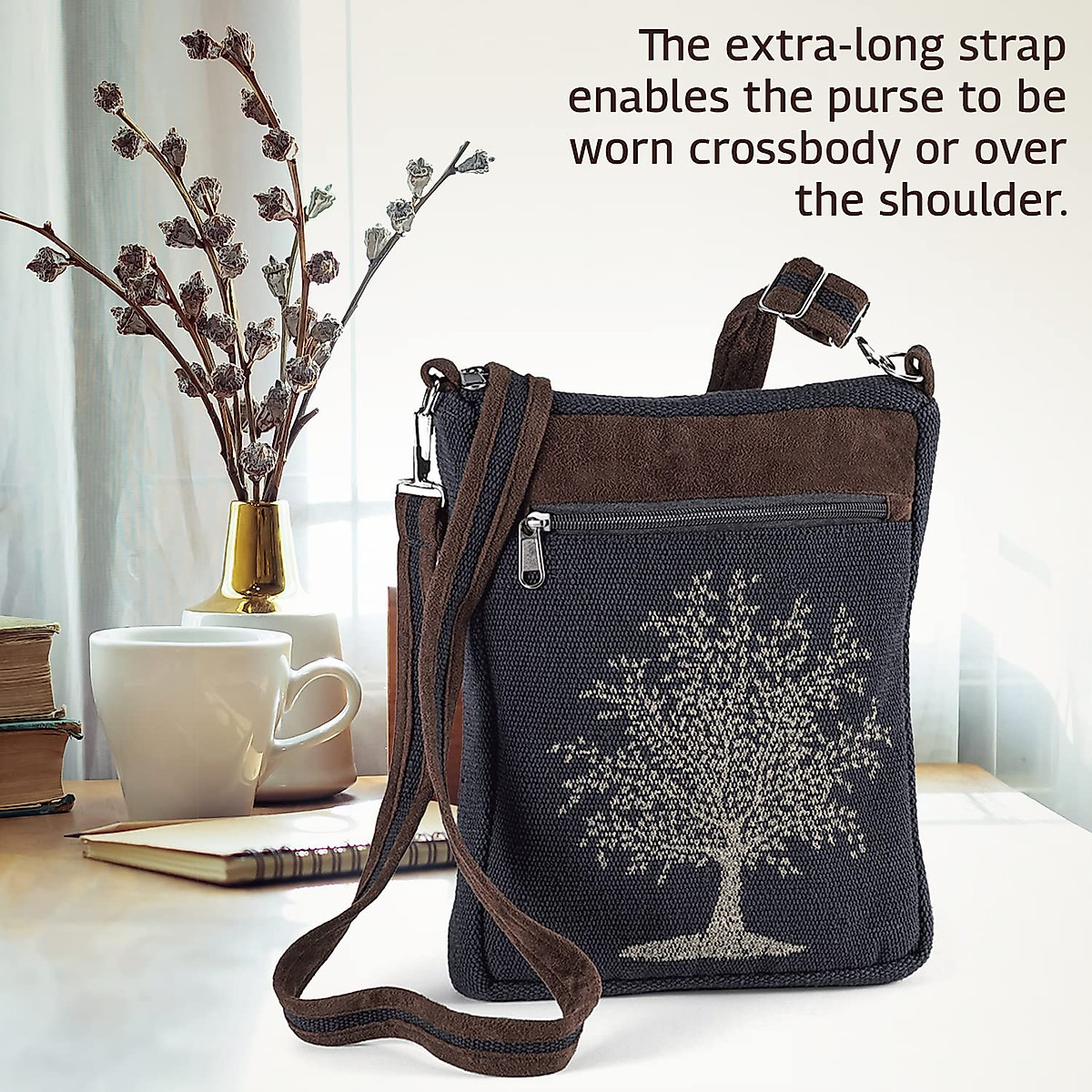 Canvas Crossbody Bag, Hippie Purse Handbag For Women, Top Zip Closure & Pockets, Adjustable and Removable Strap, 9 ½”W x 12”H