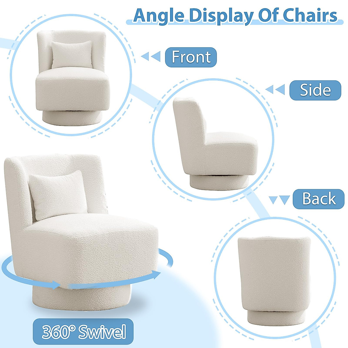 HANLIVES Swivel Barrel Chair|360 Degree Comfy Teddy Fabric Round Swivel Accent Chair with Pillow|Square Swivel Boucle Single Club Sofa Chair for Living Room,Hotel,Bedroom,Office,Lounge(White)