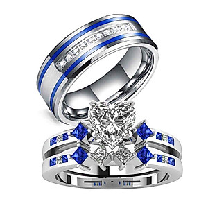 LOVERSRING 3pc His and Hers Couple Ring Bridal Sets Women White Gold Plated Heart Blue Cz Man Titanium Band Wedding Ring for Him and Her