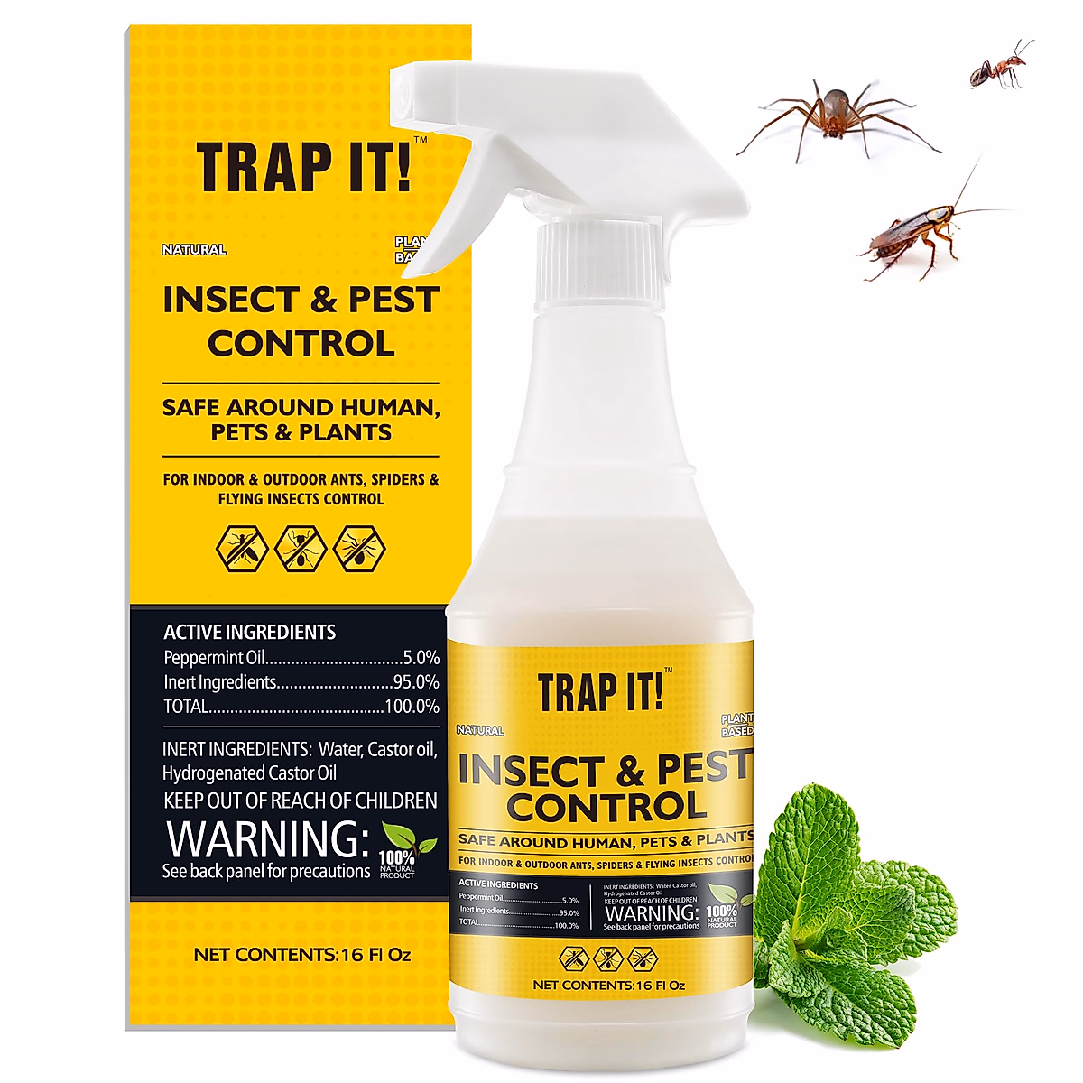 TRAP IT! Insect Repellent Peppermint Oil Spray for Bugs, 16OZ Natural Pest Control Spray for Home Kitchen Ant Spider Roach Fly Killer, DEET-Free Pet Family Safe Bug Spray Indoor Outdoor Patio Yard