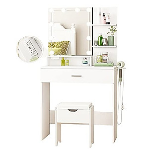 Makeup Vanity Table with Lighted Mirror & Power Strip, White Vanity Set with Hair Dryer Rack, Lots Storage, 3 Lighting Modes, Brightness Adjustable, 31.5in(L)