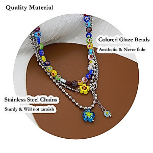 Y2k Necklace Layered Colorful Beaded Necklace Y2K Bead Choker Necklaces with Flower Pendant Indie Jewelry for Teen Girls Woman 3Pcs