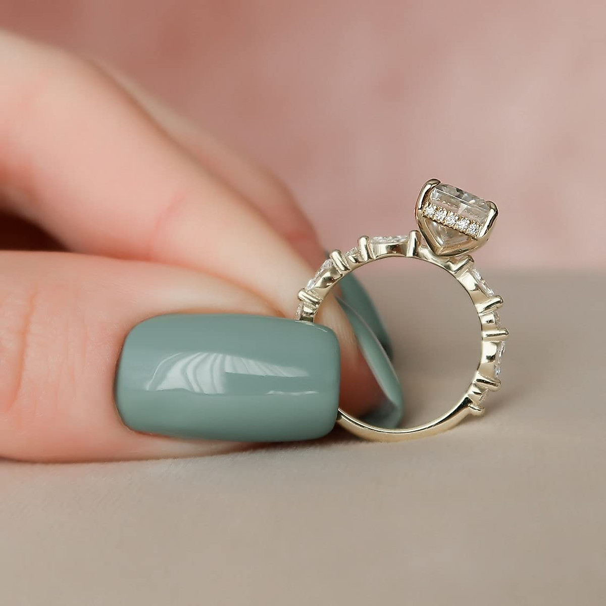 3.50 Carat Radiant Hidden Hidden Halo Engagement Ring, Dainty Moissanite Engagement Ring with Alternating Side Diamonds, Radiant Cut Diamond Engagement Ring in 14K White Gold, Ring Size - 7