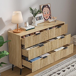 6 Drawer Double Dresser for Bedroom, Modern Dressers Chest of Drawers with Fluted Panel, Wide Wood Storage Dresser Organizer, Dresser TV Stand for Bedroom, Living Room (6Drawer-Wood-wu)