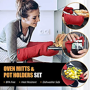 Rorecay Extra Long Oven Mitts and Pot Holders Sets: Heat Resistant Silicone Oven Mittens with Mini Oven Gloves and Hot Pads Potholders for Kitchen Baking Cooking, Quilted Liner, Red, Pack of 6