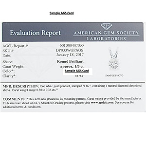 Amanda Rose Collection AGS Certified 1/3ct REAL Diamond Solitaire Pendant Necklace for Women in 14K White Gold on an 18 in. Box Chain