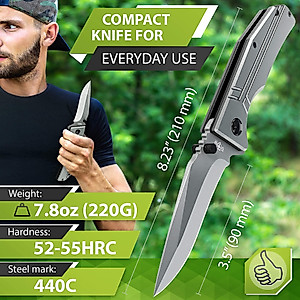 Bundle of 2 Items - Pocket Folding Knife - Military Style - Folding Knives - Tactical Knife - 3,5" Blade Pocket Knife - Sharp Folding Knives for Men Women - Gray EDC Knife with Pocket Clip - Gifts