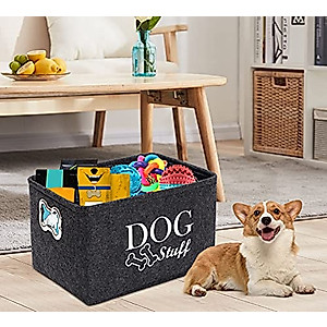 Brabtod Large Dog Toy Bin Dog Toy Storage Box Pet Toy Basket Collapsible Felt Open Storage Bin Cubes Organizer with Handles for Dog Leash Blanket Grooming Supplies -Dark Gray