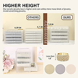 Mebbay Acrylic Jewelry Box with 4 Drawers, Velvet Jewelry Organizer for Earring Necklace Ring & Bracelet, Clear Jewelry Display Storage Case Gift for Woman, Girls Beige White 9.4"x5.3"x7.7"
