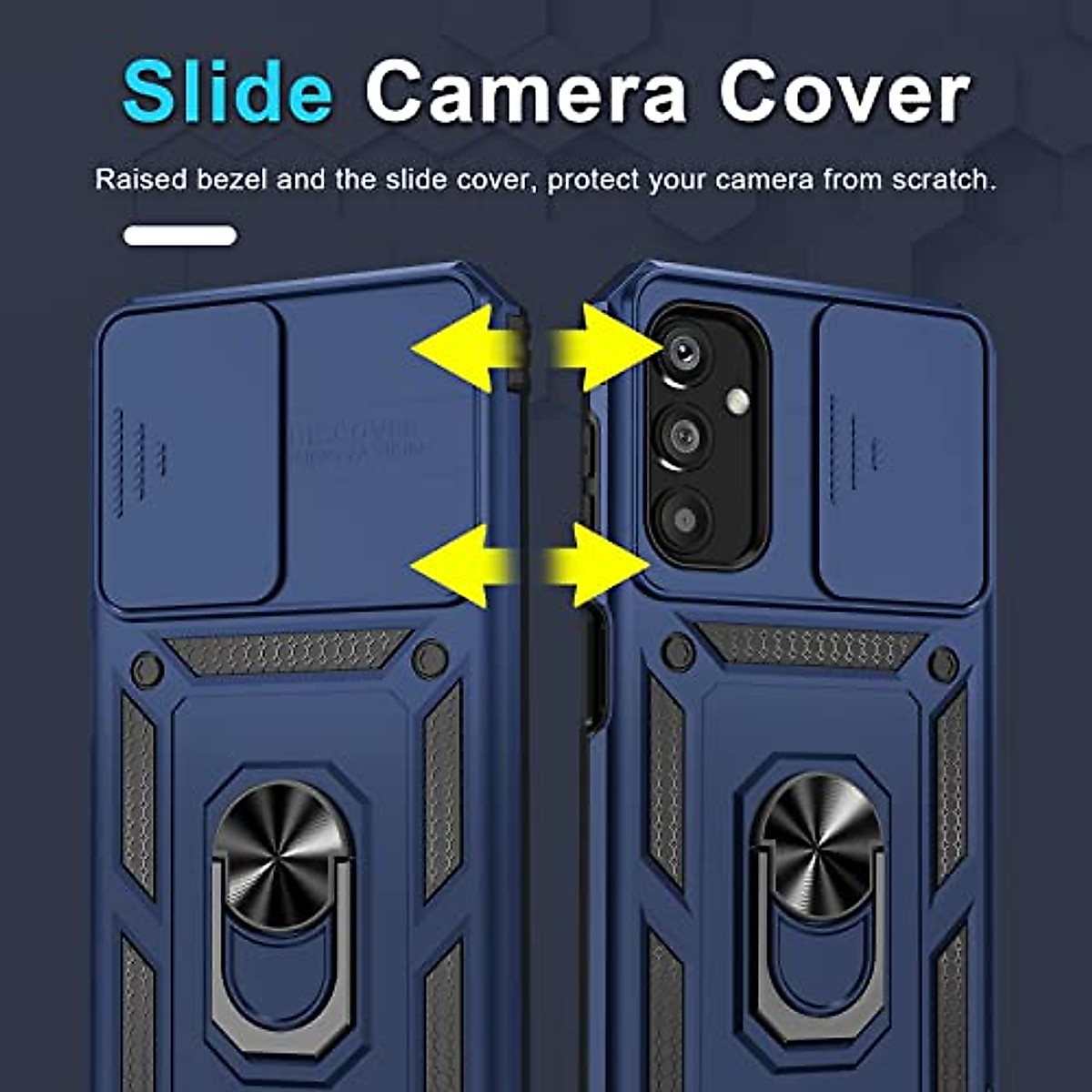 Janmitta Samsung Galaxy A14 5G Case Built in Slide Camera Lens Cover and Screen Protector,Heavy Duty Shockproof Full Body Protective Phone Cover,Built in Finger Ring Stable Holder Kickstand,2023 Blue