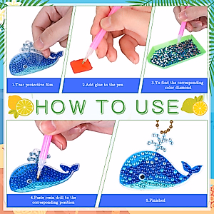 Whaline 12Pcs Summer Diamond Drawing Keychain Kit Ocean Fish Theme DIY Diamond Drawing Pendant Under The Sea Rhinestone Mosaic Making Full Drill Diamond Keychain for Crafts Gift