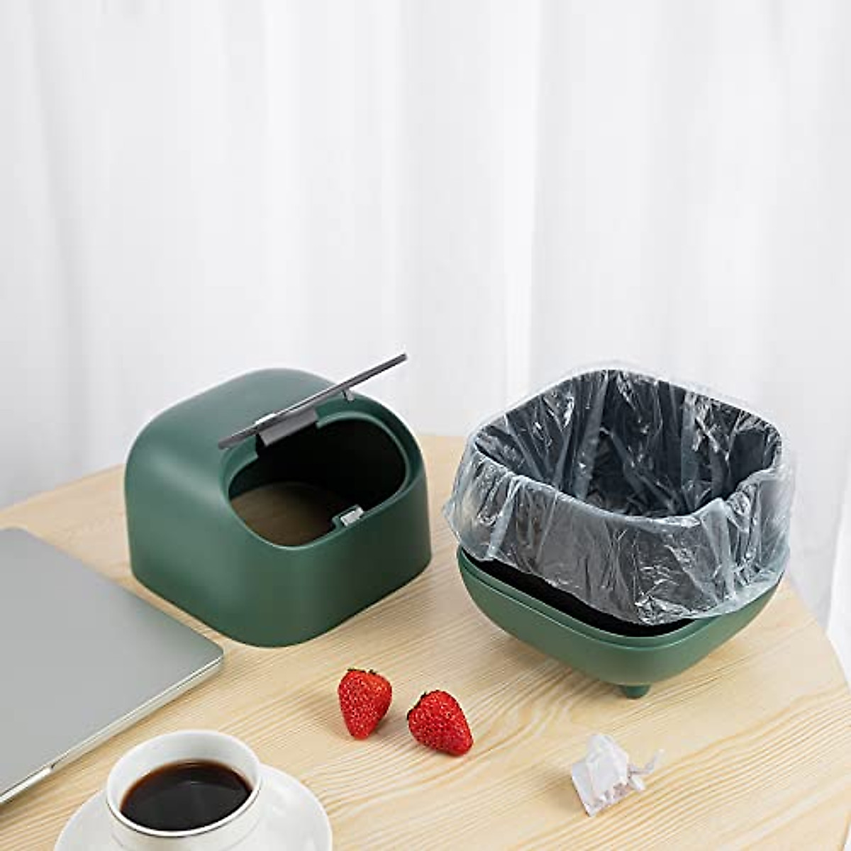 Yuzita Mini Trash Can with Lid Desk Small Plastic Trash Can Countertop Trash Can for Bathroom Dresser, Desk, Office or Coffee Table, with 100 Trash Bags (Green)