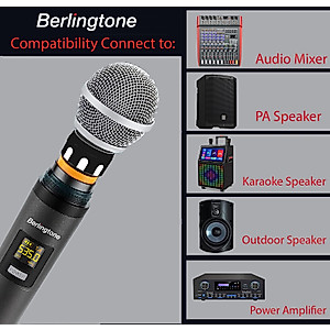 Berlingtone, Professional Dual Dynamic Handheld UHF Wireless Microphone System, Magnetic Wireless Charging, 2x100 Adjustable Frequency Channels for Karaoke, Meeting, Church, up 200ft Range (BR-60UM)