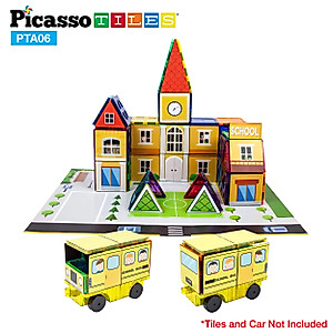 PicassoTiles 80pc School, Hospital, Police Station 3-in-1 Theme Magnet Self Adhesive Backing Stick-On Puzzle Graphic Kit and Overlay Maps for Magnetic Building Blocks STEM Learning Construction Toy