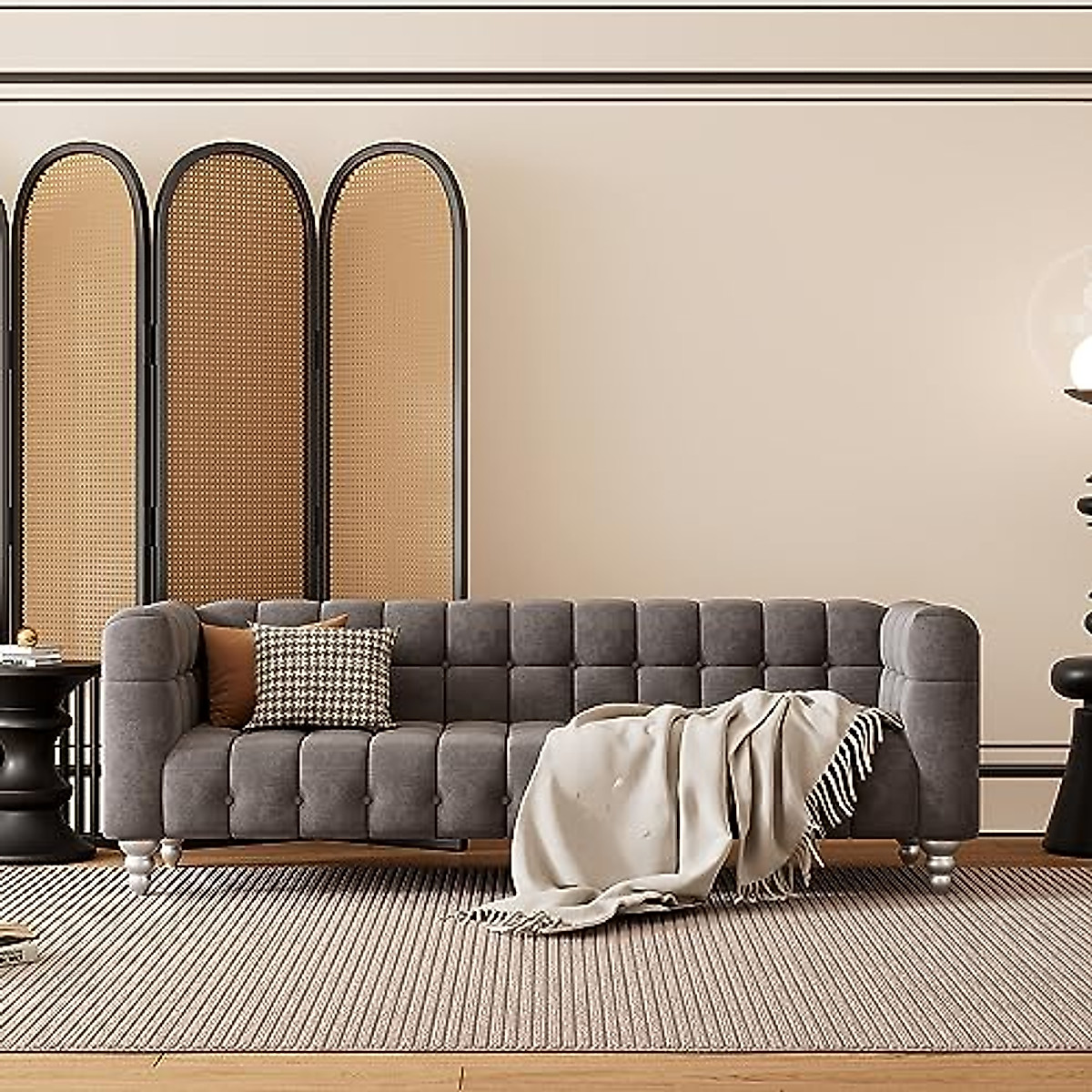 Melpomene Upholstered 89" Velvet Button Tufted 3 Seater Sofa with Solid Wood Legs,Luxury Chesterfield Sofa with Square Arms, for Livingroom, Office, Apartment(Grey)