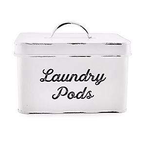 AuldHome Enamelware Laundry Pod Holder; Rustic White Laundry Pod Storage Container