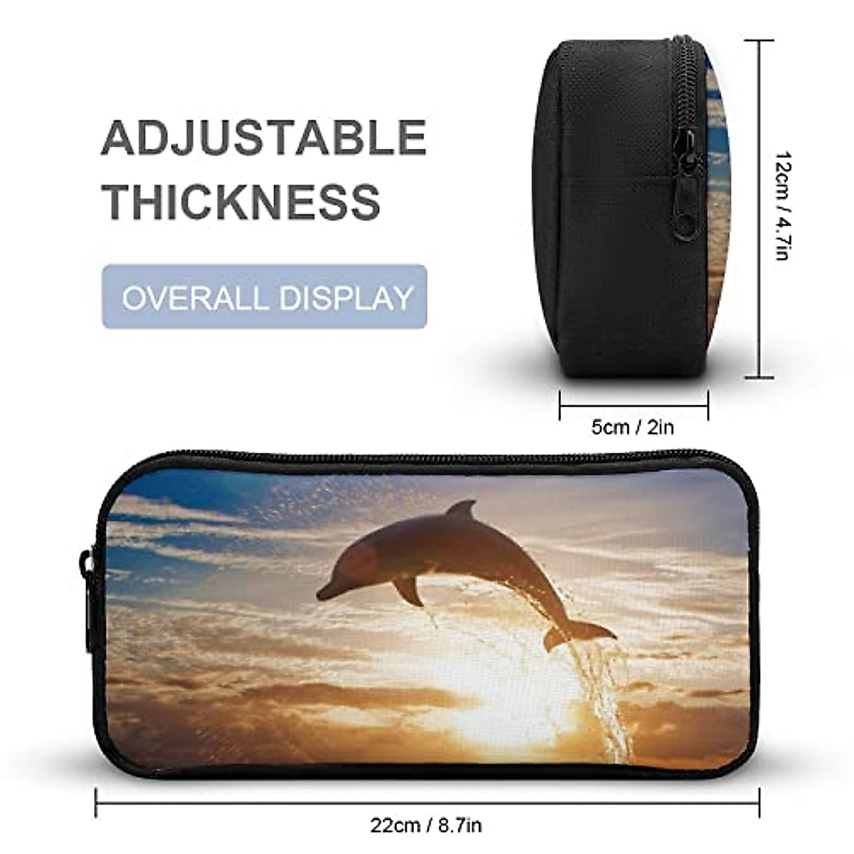Dolphin Jumping Sea Surface at Sunset Pencil Case Pencil Pouch Coin Pouch Cosmetic Bag Office Stationery Organizer