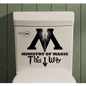 MINISTRY OF MAGIC THIS WAY Decal Die Cut Vinyl Funny Humor Quote, | FREE SWITCH DECAL | , Black, 7.5 Inches Bathroom Toilet Seat Sticker.