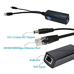 REVODATA Gigabit PoE Splitter 12V 2A Output with IEEE 802.3af/at Standard Compliant 10,100,1000Mbps Power Over Ethernet Splitter Adapter for Security Camera CCTV Surveillance 5.5x2.1mm DC PlugPS5712TG