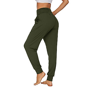 UEU Women's High Waisted Yoga Pants Super Soft joggers Loose Fitting Fit Juniors Workout Lounge Sweats Jogging Pants with Pockets(ArmyGreen,L)