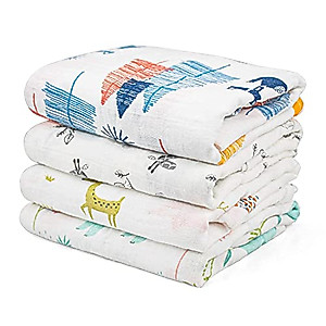 Kingrol 4 Pack Baby Muslin Swaddle Blankets, Soft Unisex Swaddle Wrap for Boys and Girls, Large Neutral Receiving Blanket for Newborn Infant, Bear/Fox/Elk/Elephant