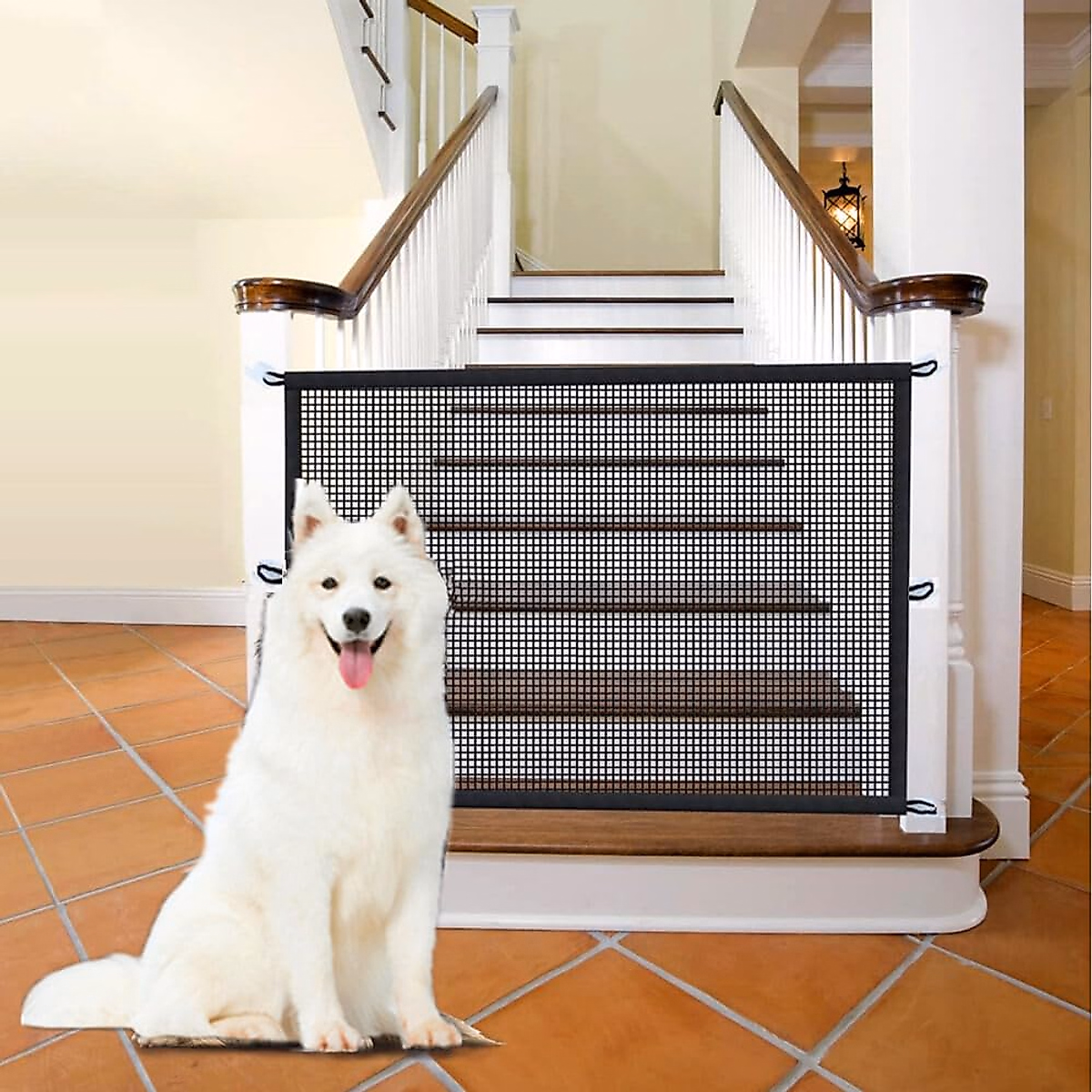 Dog Gate for The House Pet Gate for Stairs No Drilling - 43.3" W x 28.3" H Retractable Dog Gate Mesh Baby Gate for Stair No Drill Pet Gate Puppy Gate for Stairs & Doorways (S) (S) (S)