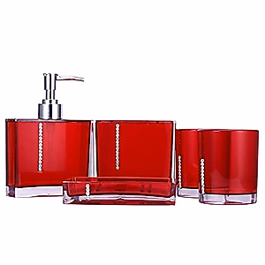 Bathroom Accessory Set, 5Pcs/Set Resin Bathroom Accessory, Modern Bath Decor Set, Including Emulsion Bottle Toothbrush Holder Soap Dish Gargle Cup, Red