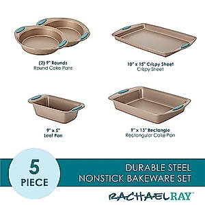 Rachael Ray Cucina Bakeware Set Includes Nonstick Bread Baking Cookie Sheet and Cake Pans, 5 Piece, Latte Brown with Agave Blue Grips