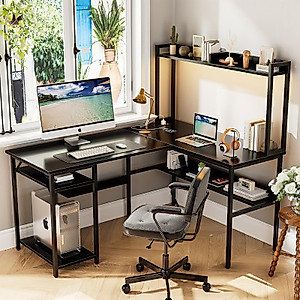 Hyomdeck L Shaped Computer Desk with Hutch and Storage Shelves, Gaming Desk with LED Lights, Reversible L-Shaped Desk with Power Outlets, Home Office Desk, Corner Desk, Black
