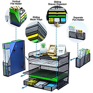 GALASALA Desk Organizers with File Holder, 5-Tier Paper Organizer Letter Tray with Sliding Drawer and Extra Pen Holder, Mesh Desktop File Organizer for School Office Supplies, Black