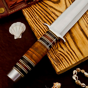 Custom Handmade Damascus Steel 17 Inches Outdoor Survival Fixed Blade Knife, Double Edged Serrated Dagger Leather Wood Handle, Leather Sheath Included