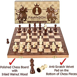 Wooden Chess Set for Kids and Adults - 15 Staunton Chess Set - Large Folding Chess Board Game Sets - Storage for Pieces | Wood Pawns - Unique E-Book for Beginner - 2 Extra Queens
